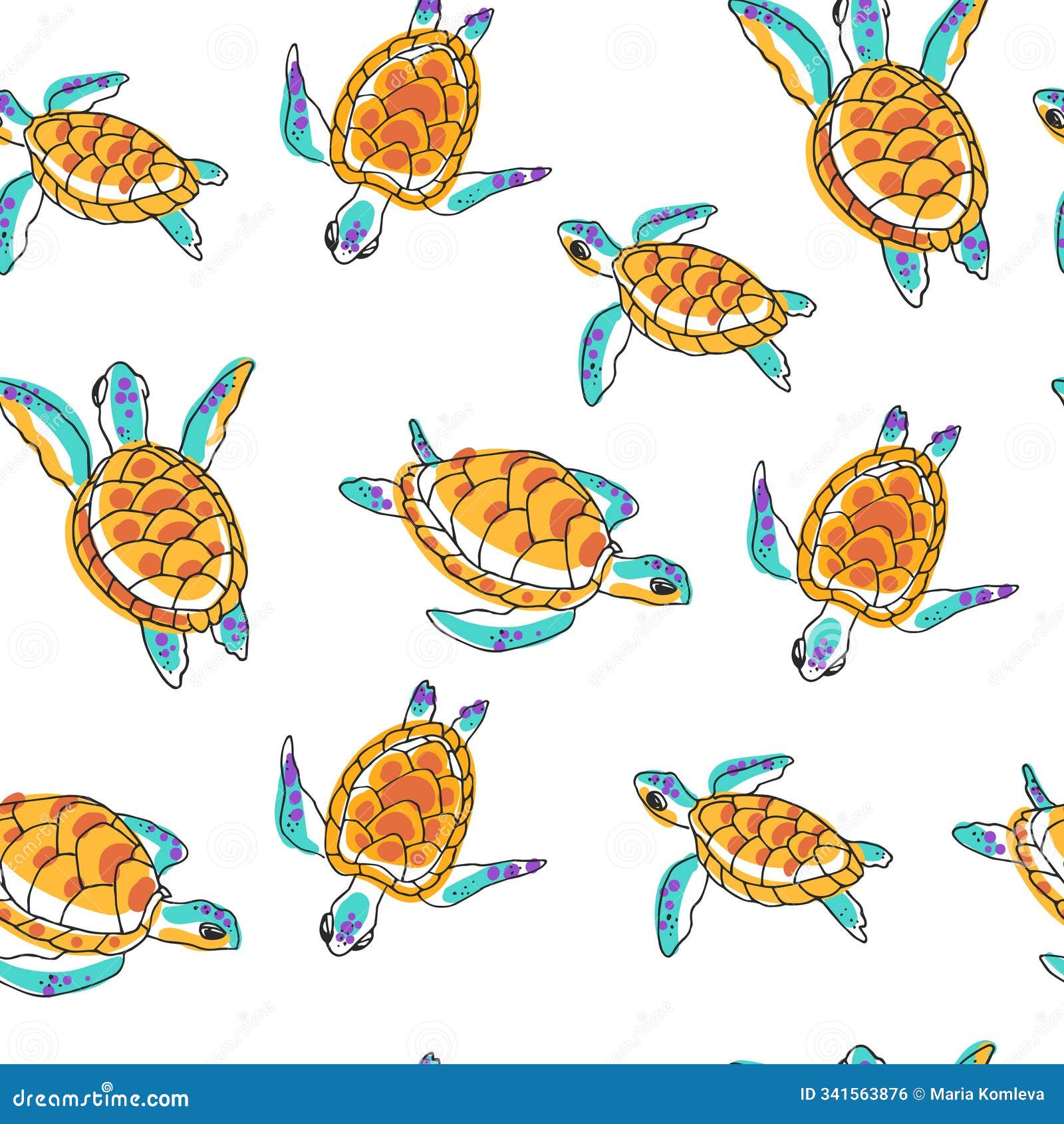 Vector Hand-drawn Seamless Pattern with Turtles Isolated on White ...