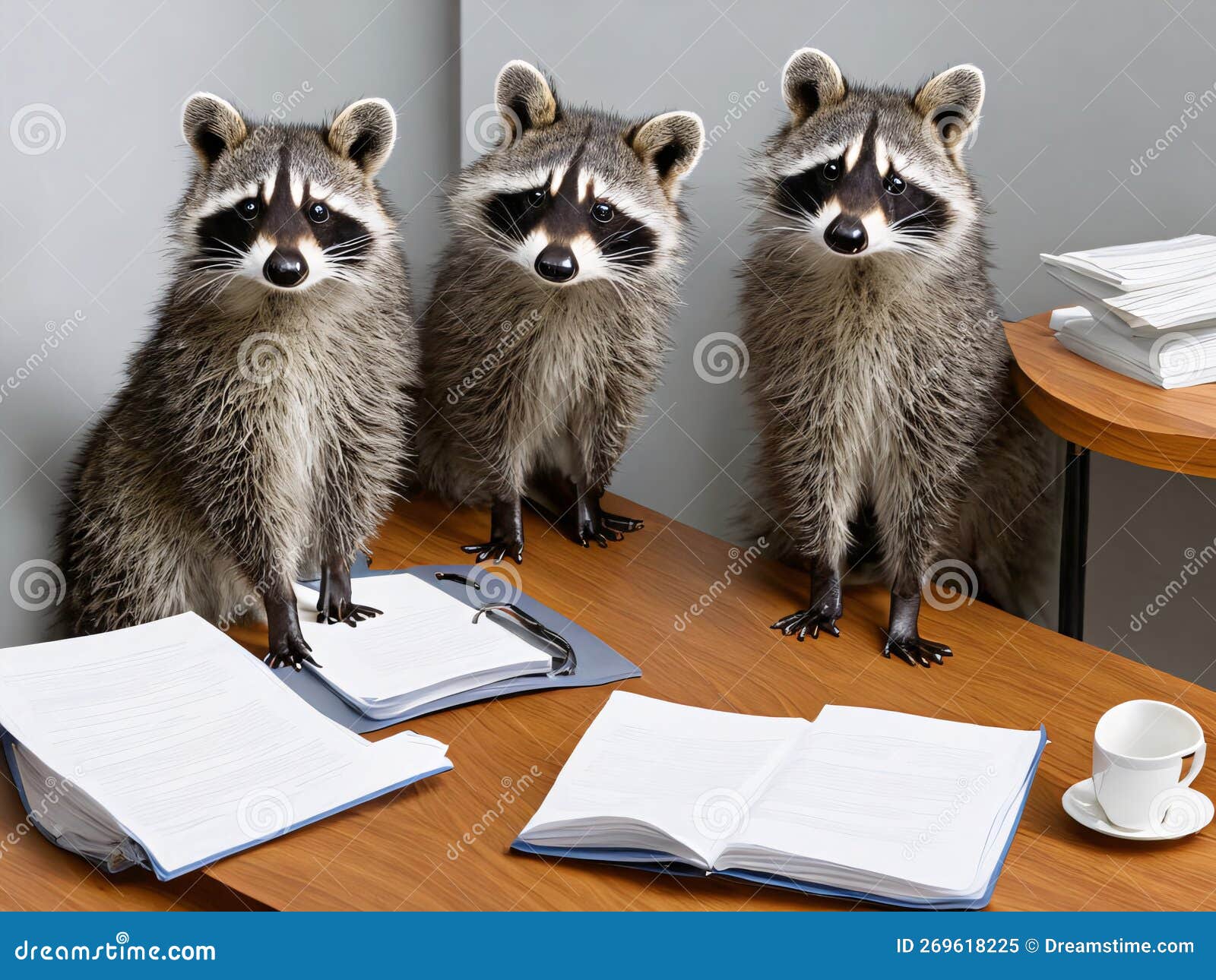 Racoons Gathered Around a Desk and Examining Documents Stock ...