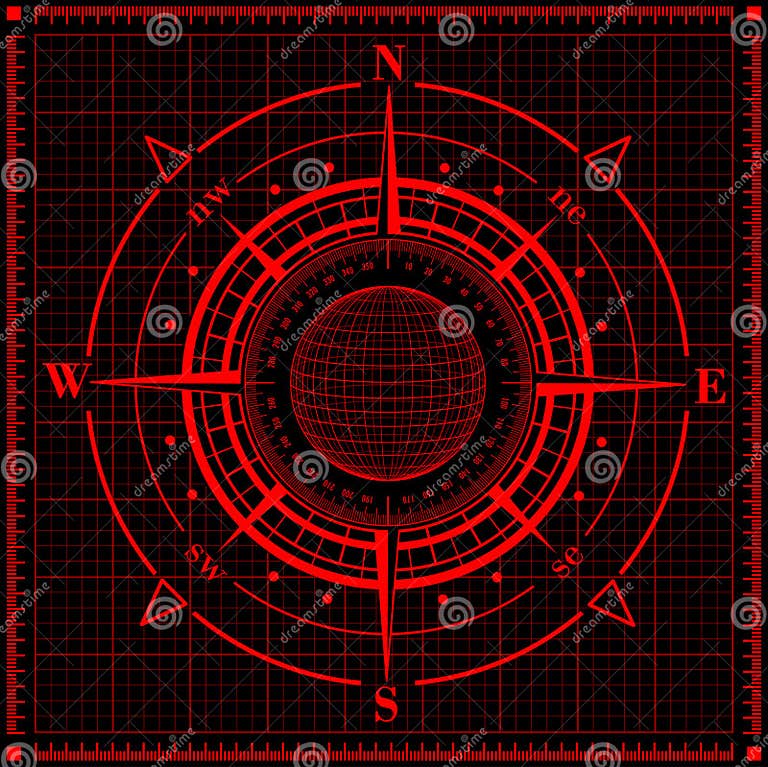 Radar Compass Rose with Globe. Stock Vector - Illustration of object ...