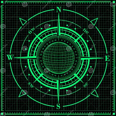Radar Compass Rose with Globe. Stock Vector - Illustration of design ...