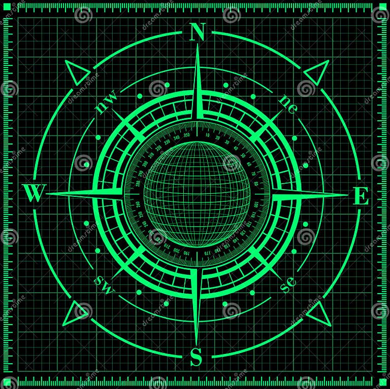 Radar Compass Rose with Globe. Stock Vector - Illustration of design ...