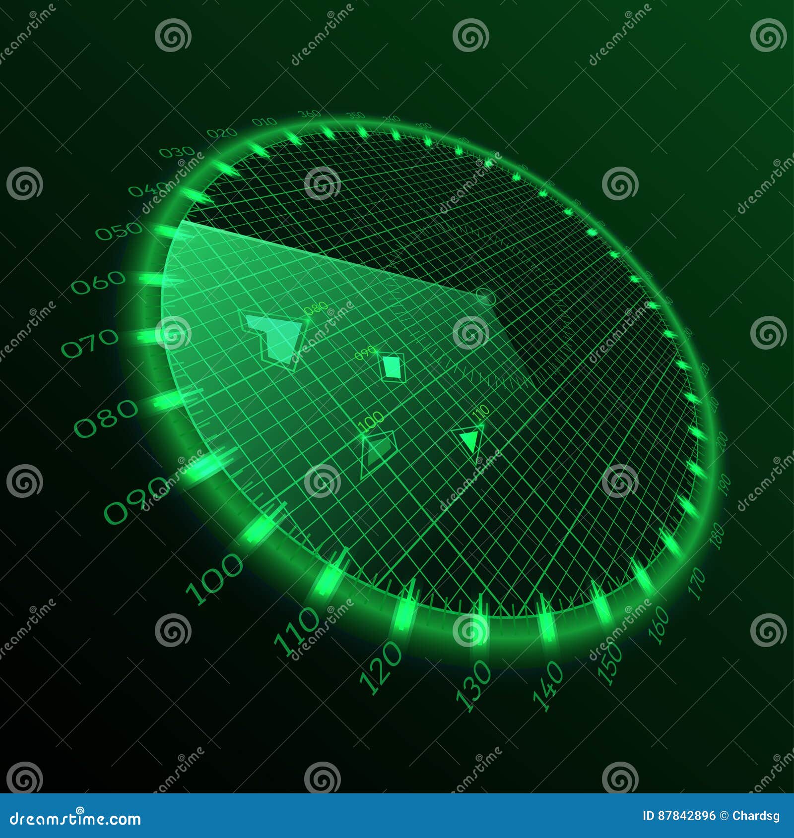 Radar Round Screen in Perspective, on Black Background. Vector ...