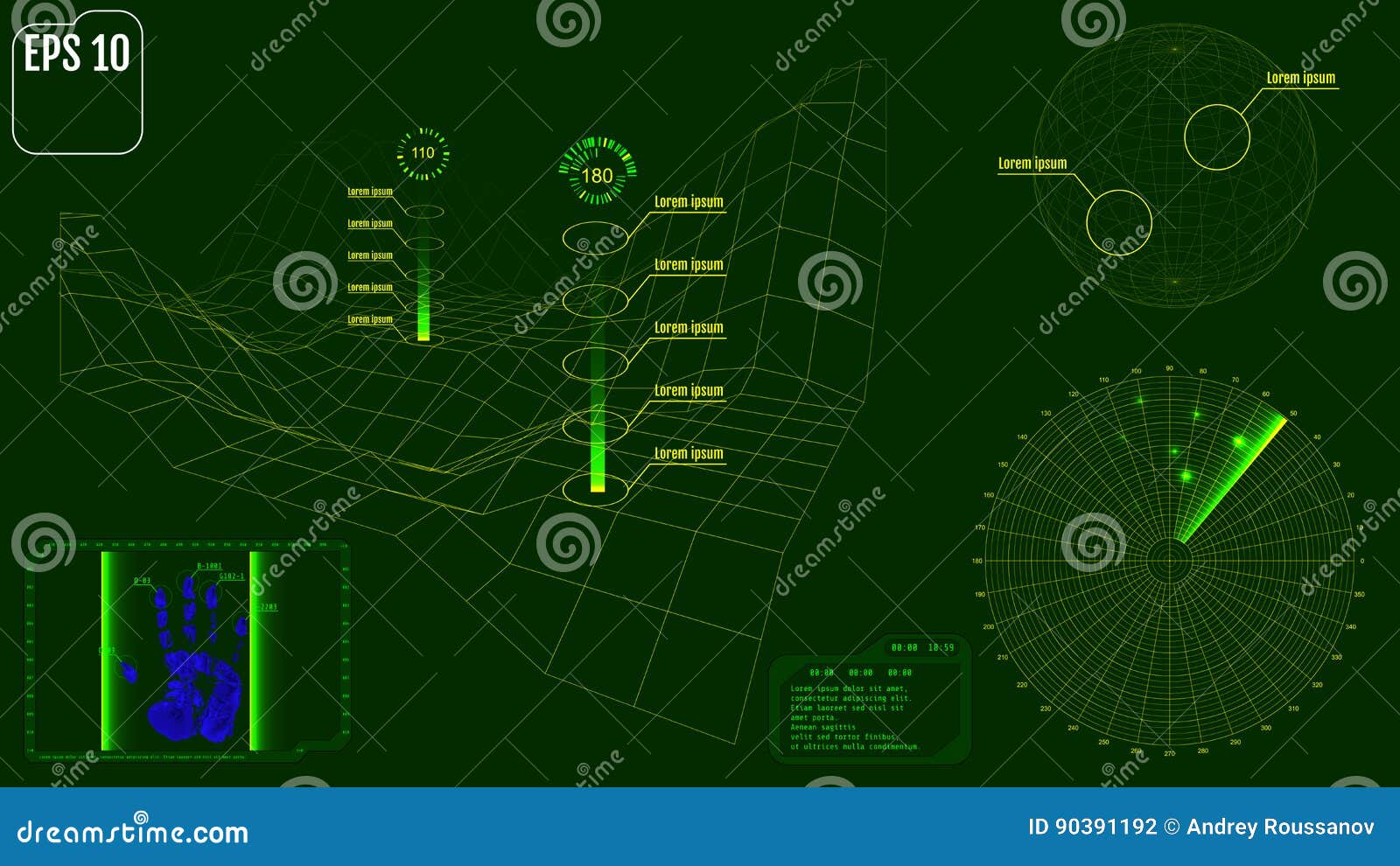 Radar Screen with Planet, Map, Targets and Futuristic User Inter Stock ...