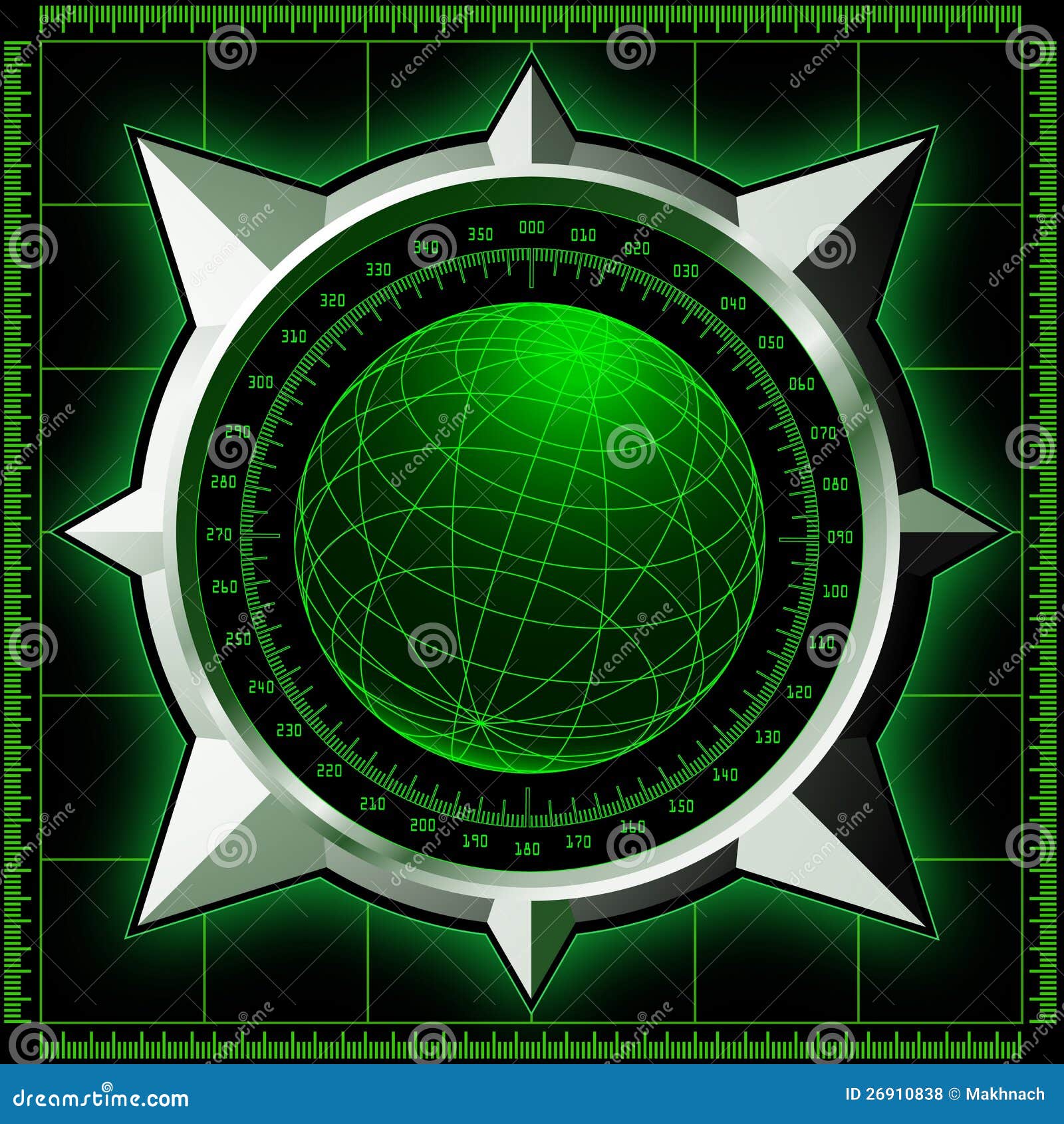 Radar Screen with Steel Compass Rose Stock Vector - Illustration of ...