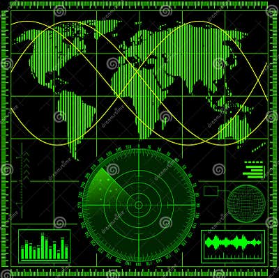 Radar Screen with World Map Stock Vector - Illustration of equipment ...
