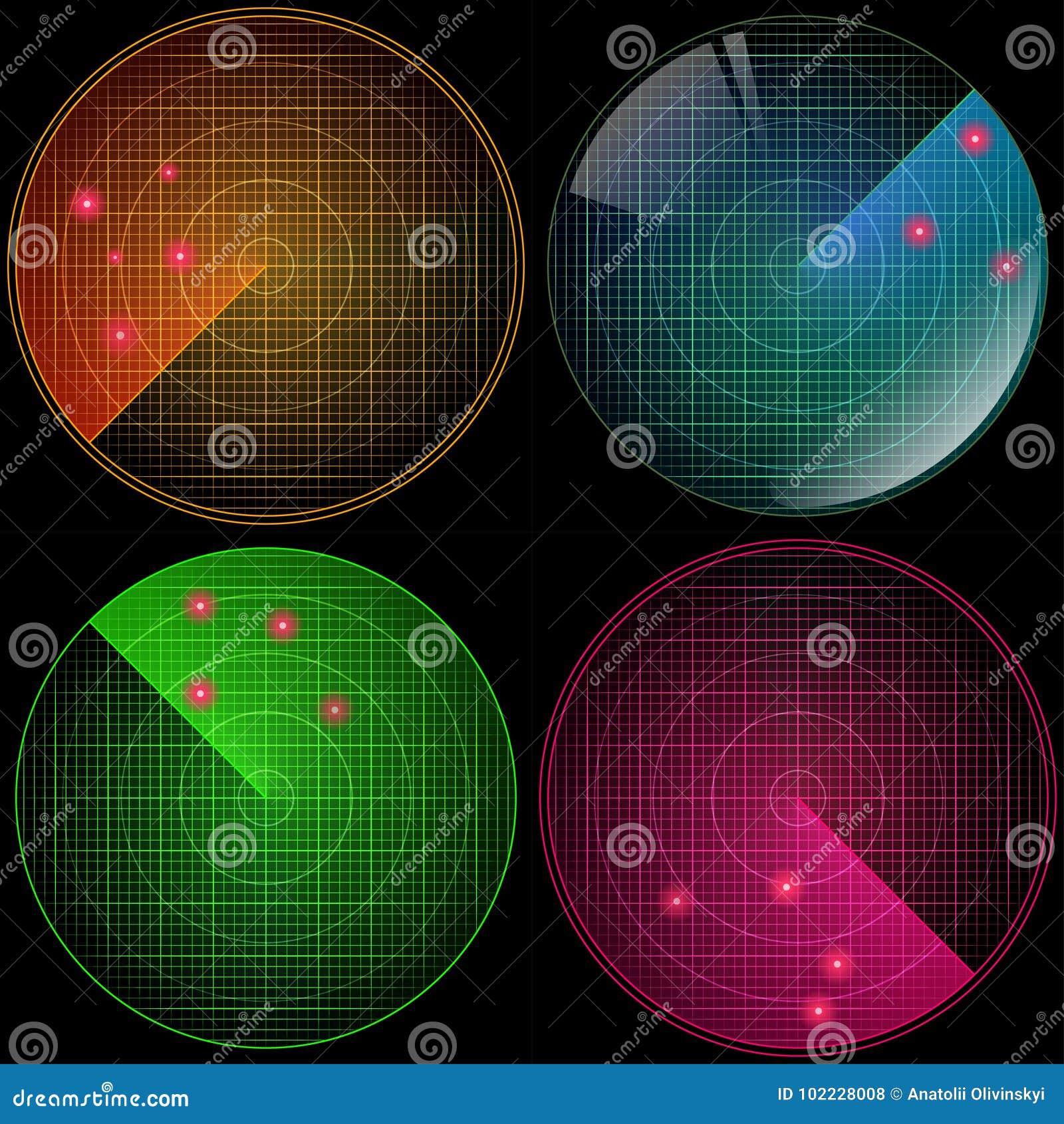 Set Of Military Radars With World Map, Targets And Futuristic User ...