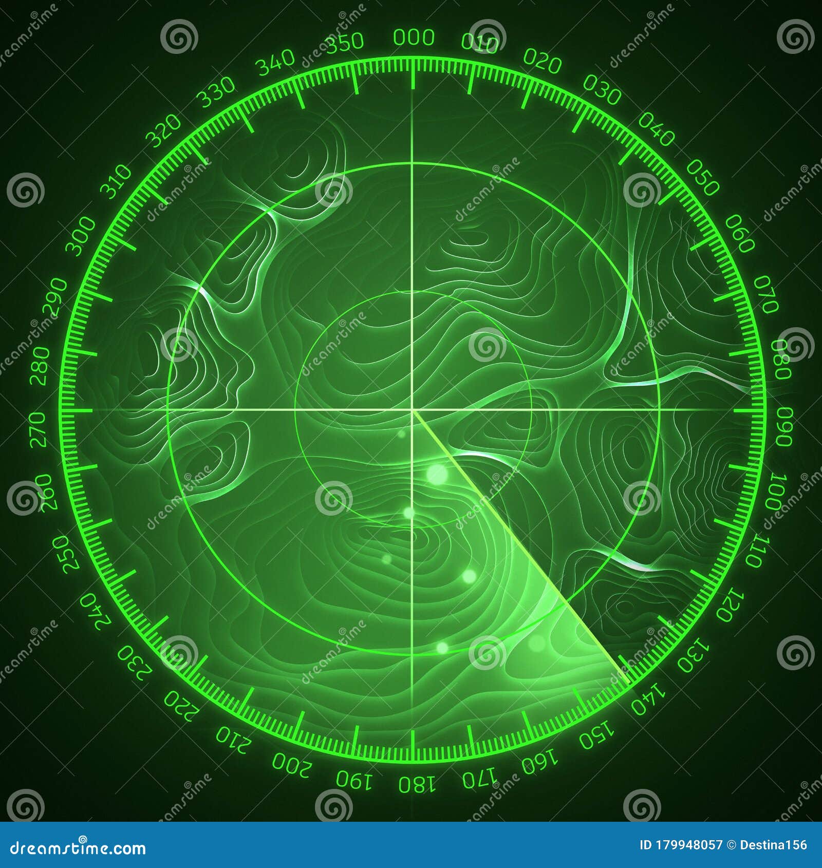 Radar System Screen in Green Color Tones. 3D Illustration Stock ...