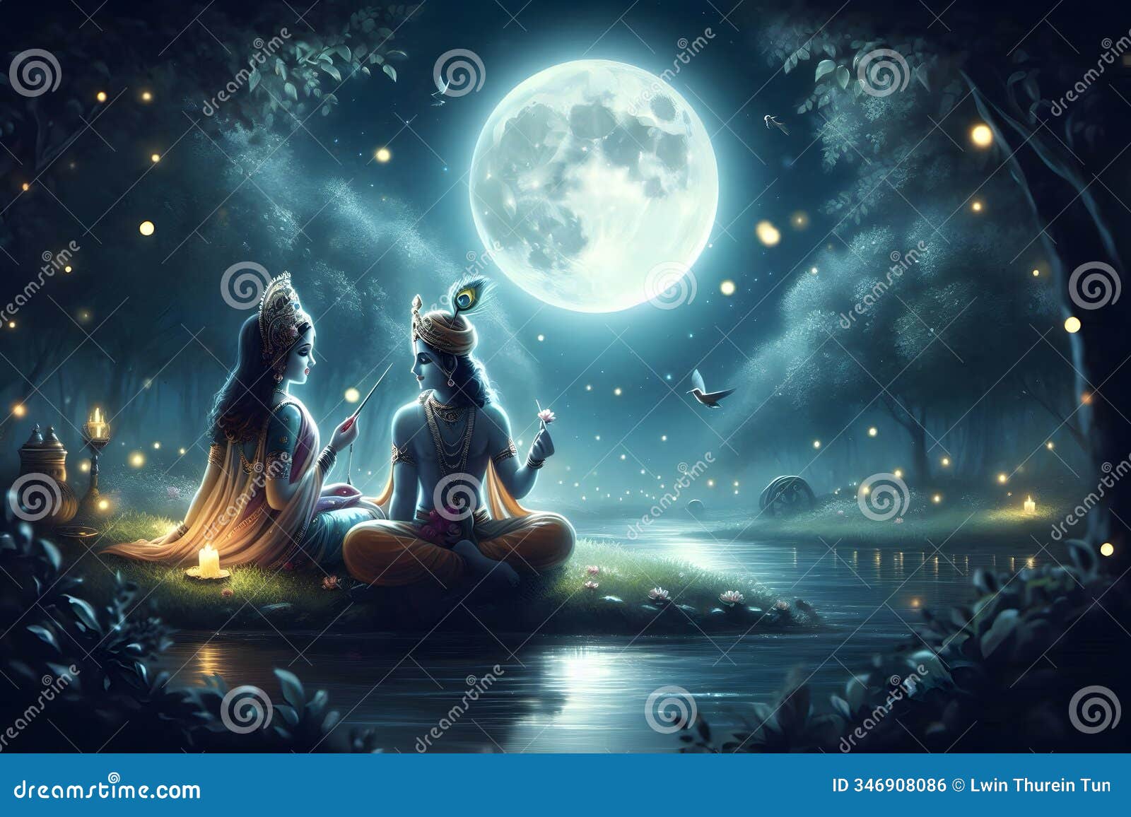 Creative and Illustrative Image of Radha and Krishna Moonlit Serenade ...