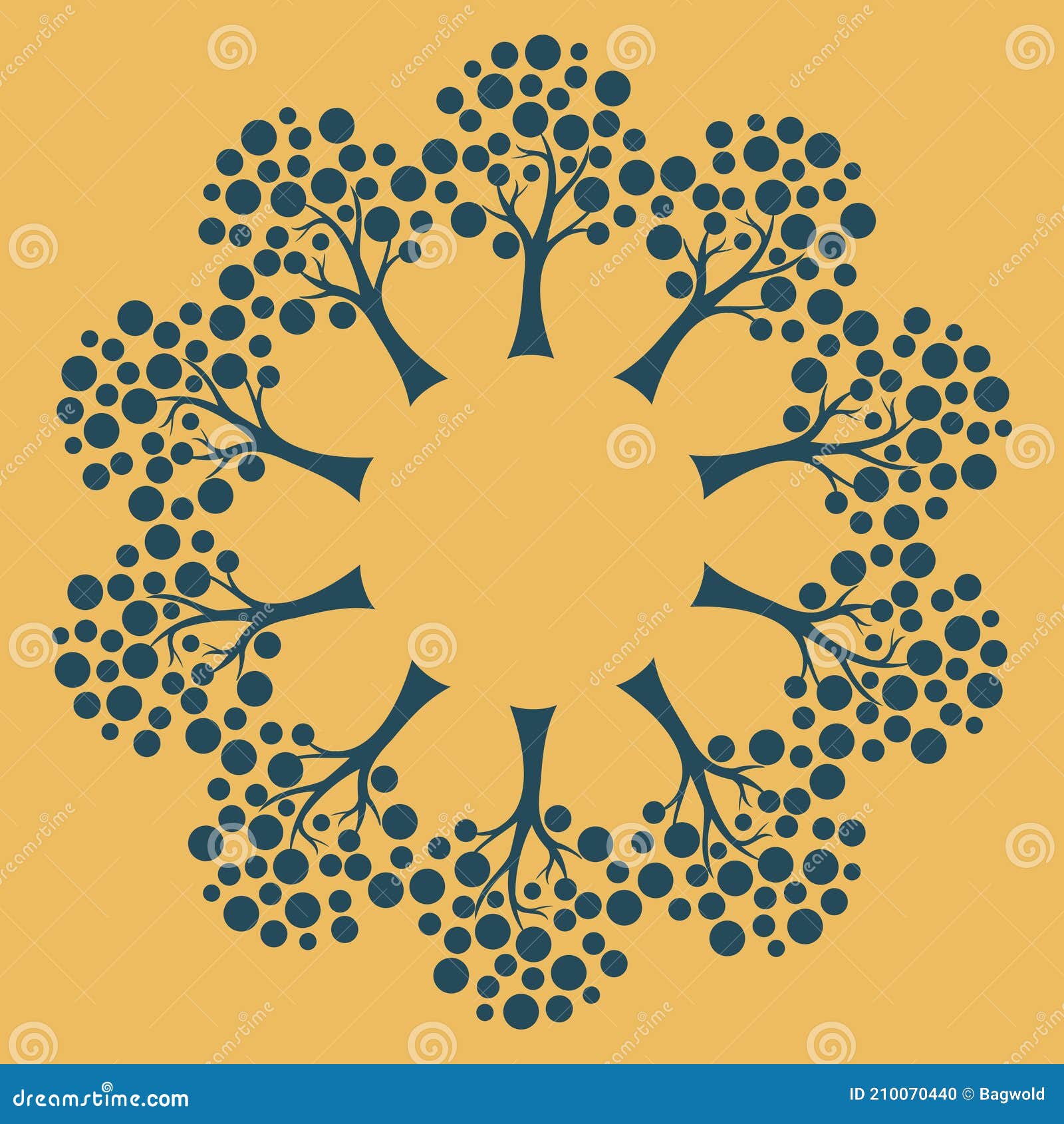 Radial Blue Tree Pattern Vector Illustration on a Yellow Background ...