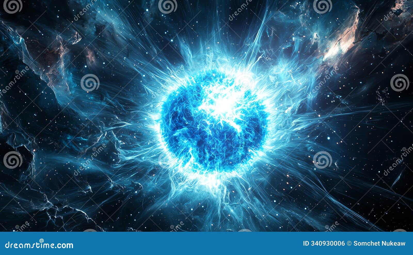 Radiant Blue Cosmic Energy in a Dark Space Background Stock ...