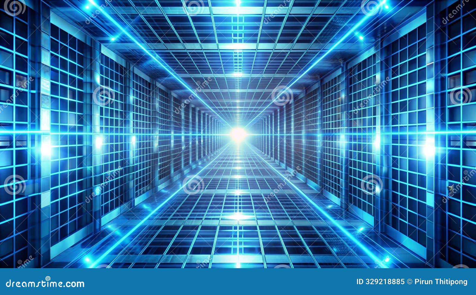 Radiant Blue Perspective Grid Tunnel with Flowing Lighting Effects and ...