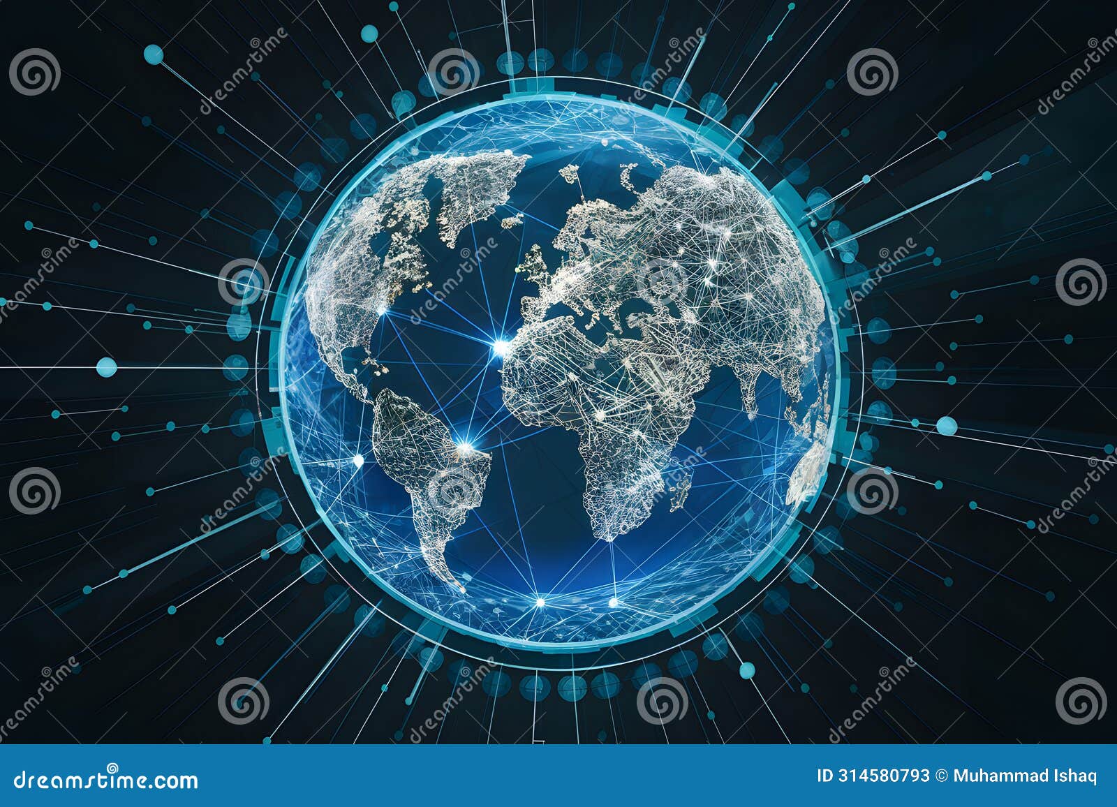 Radiant Digital Earth with Interconnected Dots, Lines, and Rays Stock ...