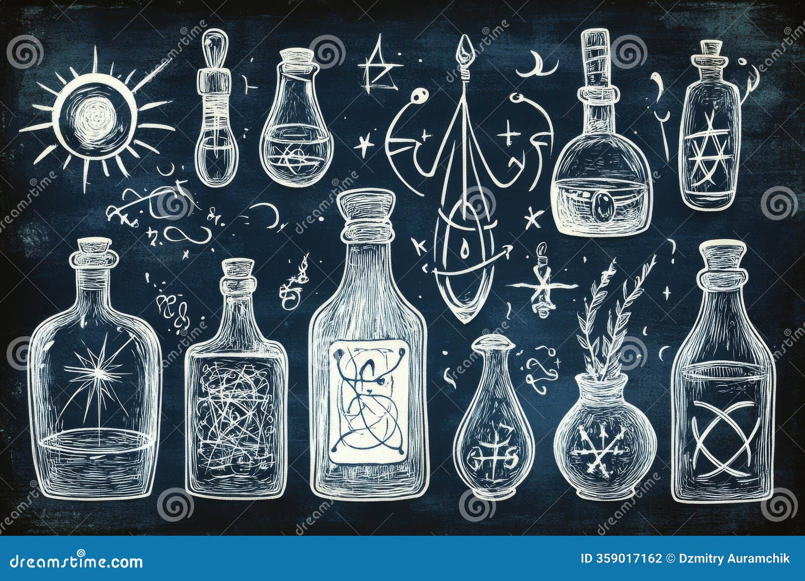 Radiant Elixirs and Alchemy Drawings on a Dark Backdrop Stock Photo ...