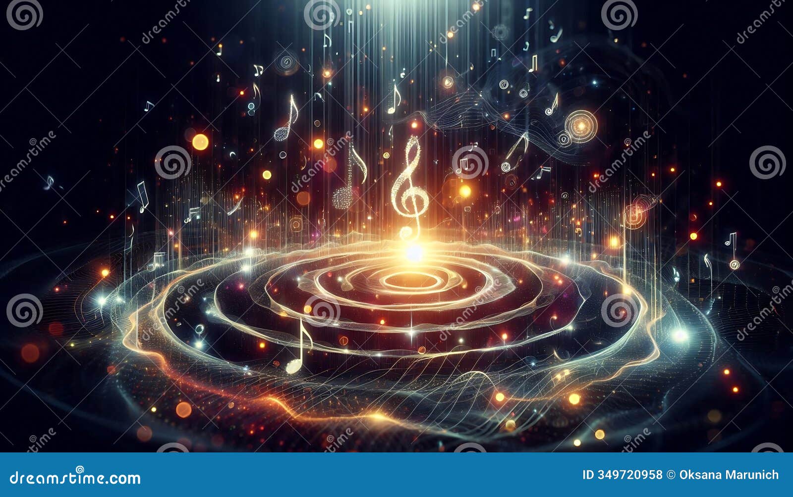 Radiant Glowing Musical Notes and Waveforms Floating in an Abstract ...