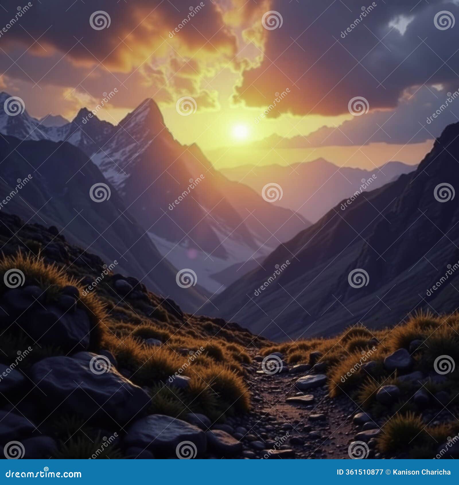 Radiant Light Source with Mountainous Terrain, Rugged, Glow, Cozy Stock ...