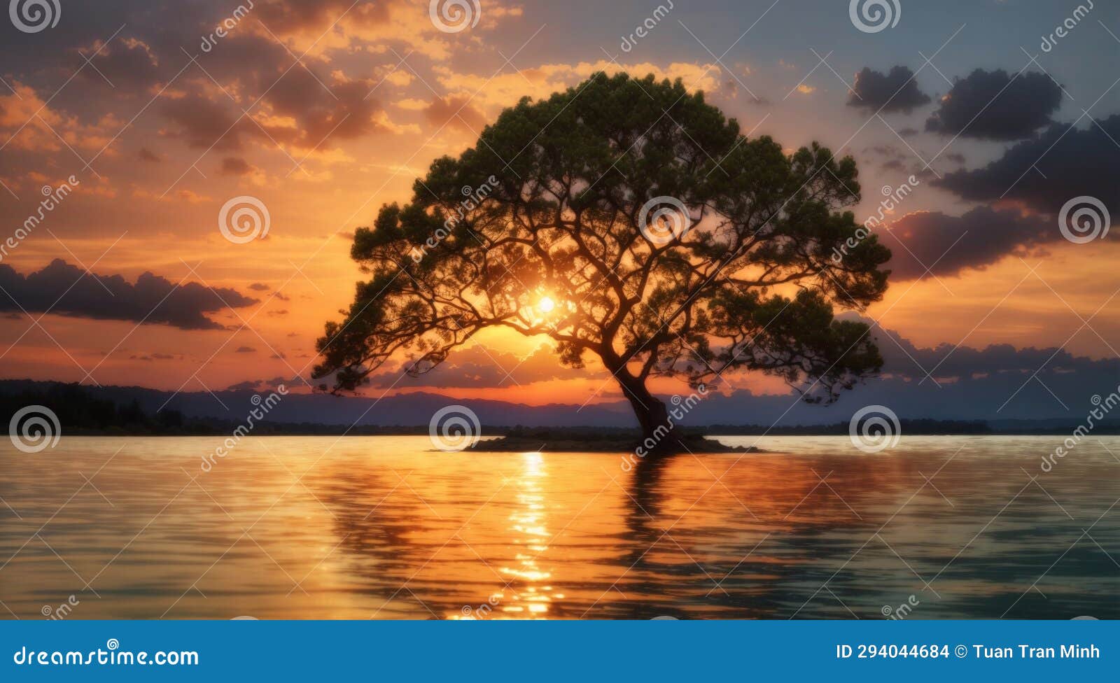 Radiant Reflections: Sunset, Tree, and Water Stock Illustration ...