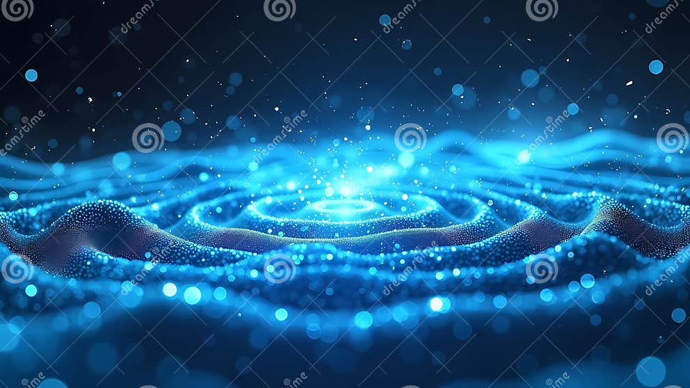 Radiant Wave Patterns with Floating Blue Particles Stock Photo - Image ...