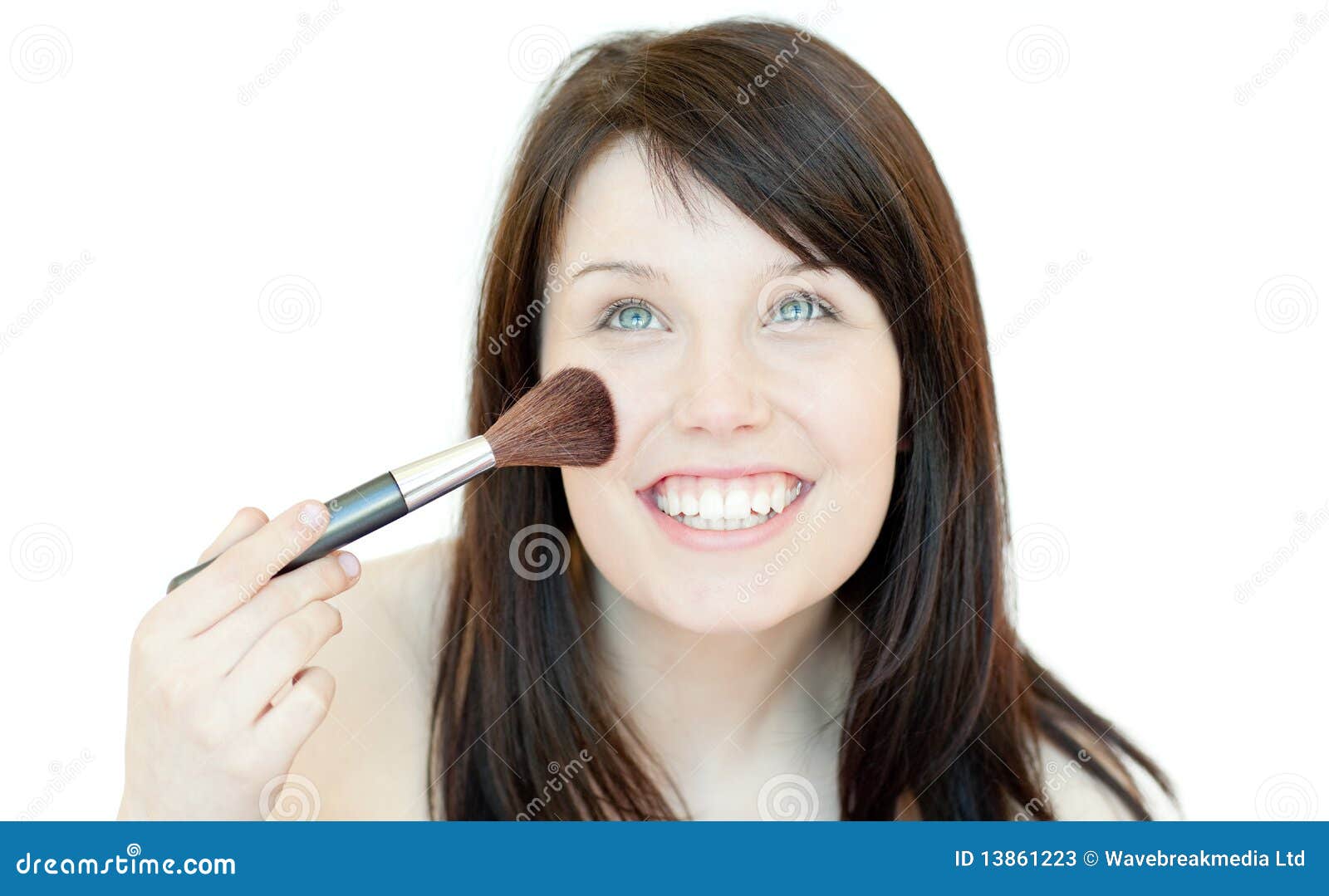 Radiant Woman Using A Powder Brush Stock Image - Image of eyes, closeup ...