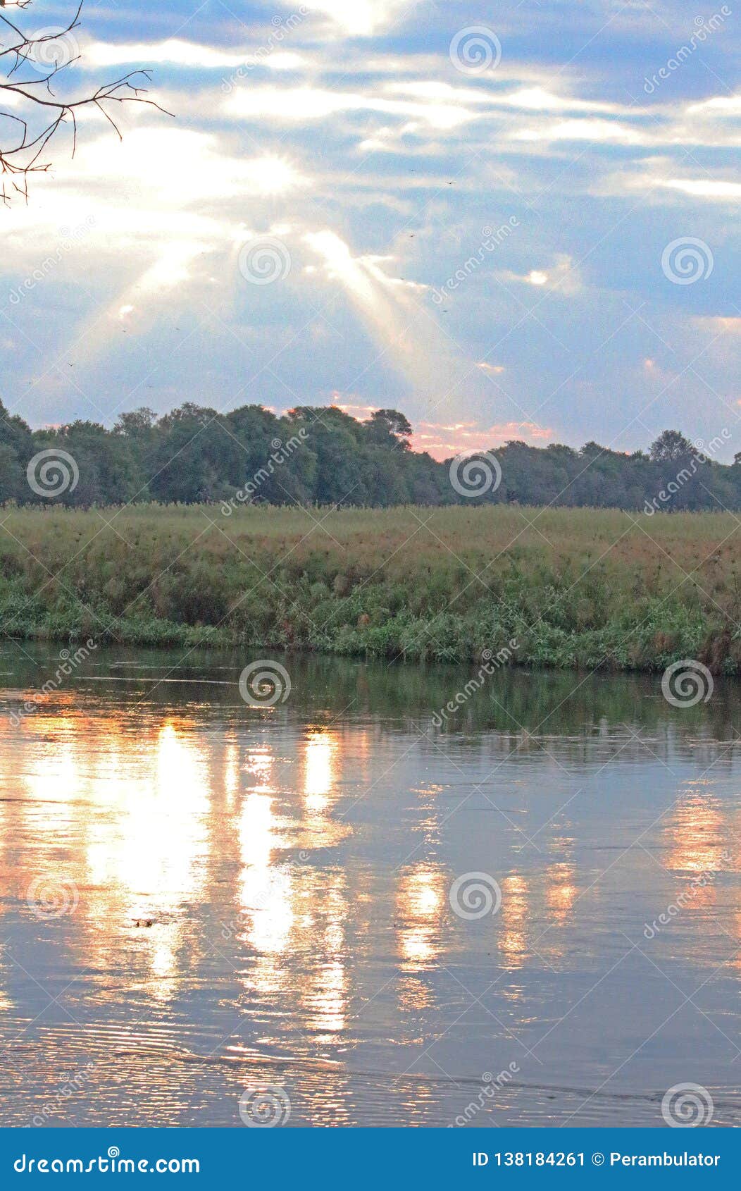 RADIATING SUN REFLECTING in a RIVER Stock Image - Image of scenic ...