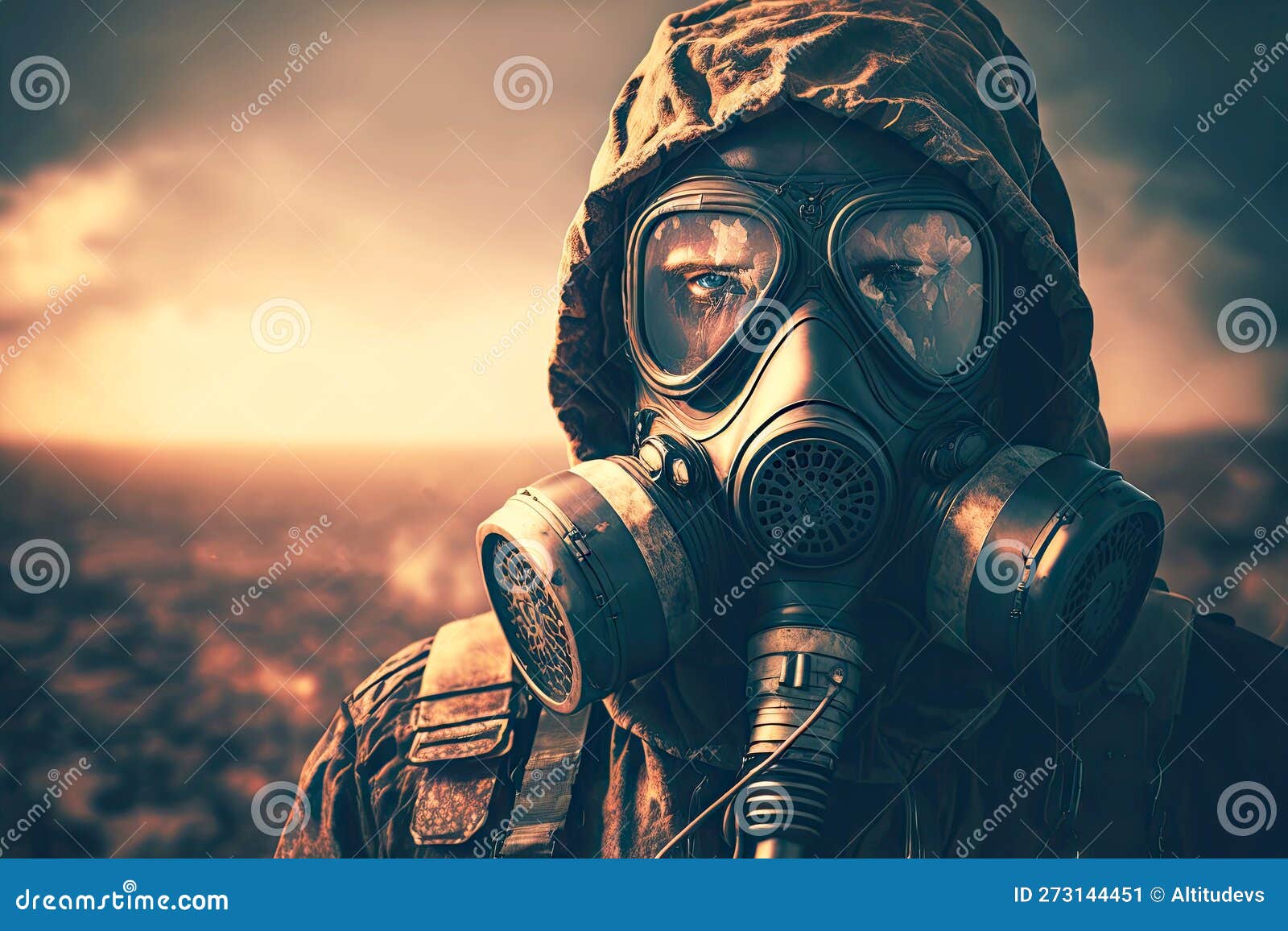 Radiation Hazard and Man in Protective Suit and Gas Mask Stock ...