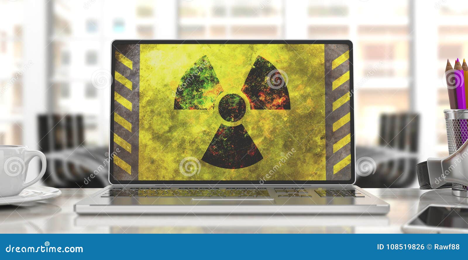 Radiation Symbol on a Computer Screen, Blur Office Background. 3d ...