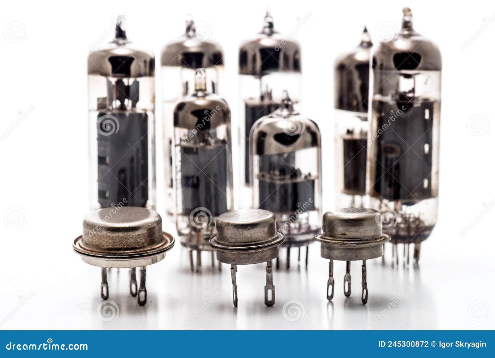 Radio Components Microchips, Transistor and Radio Tubes on White ...