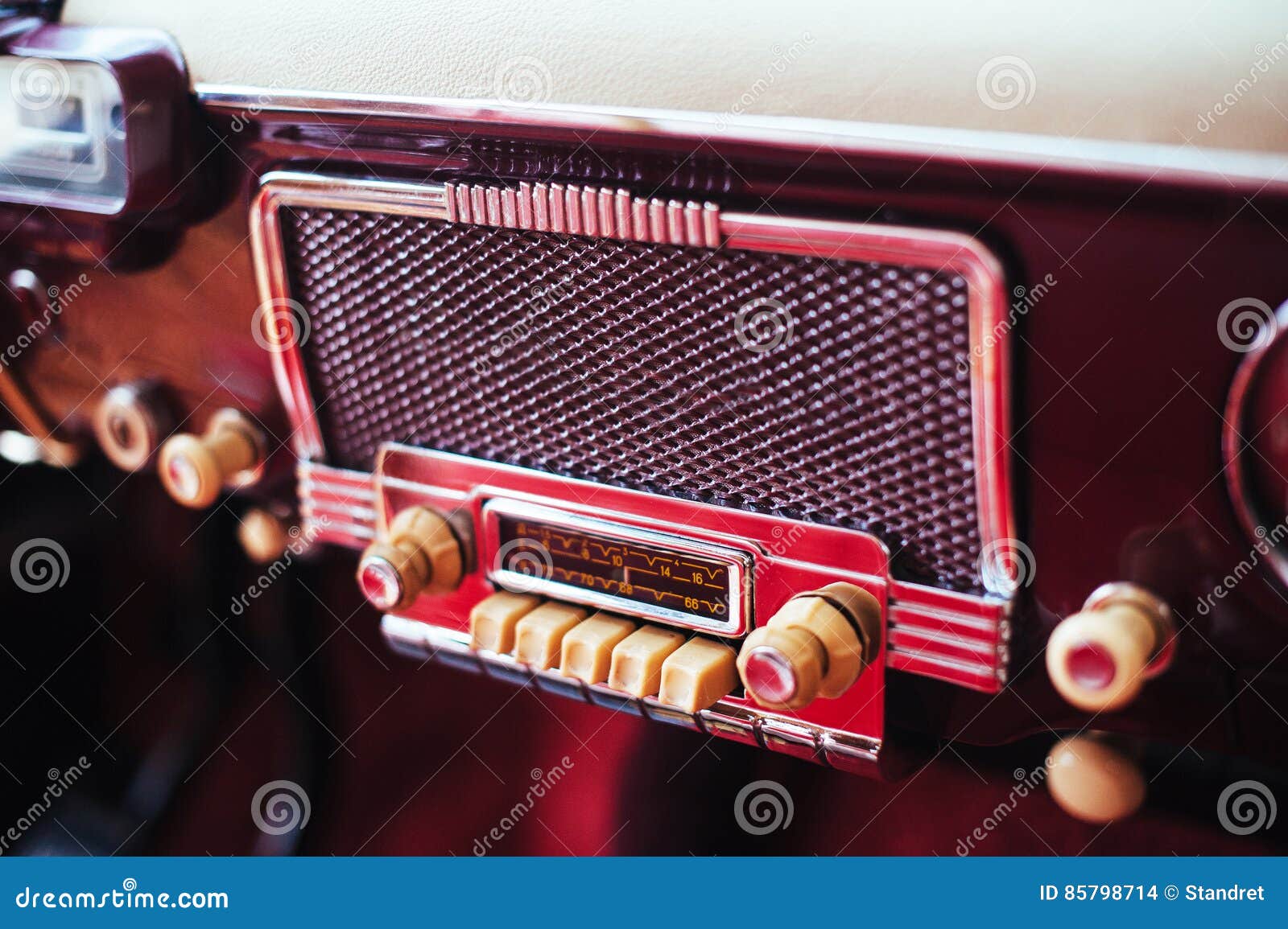Radio in Dashboard in Interior of Old Vintage Automobile. Stock Photo ...