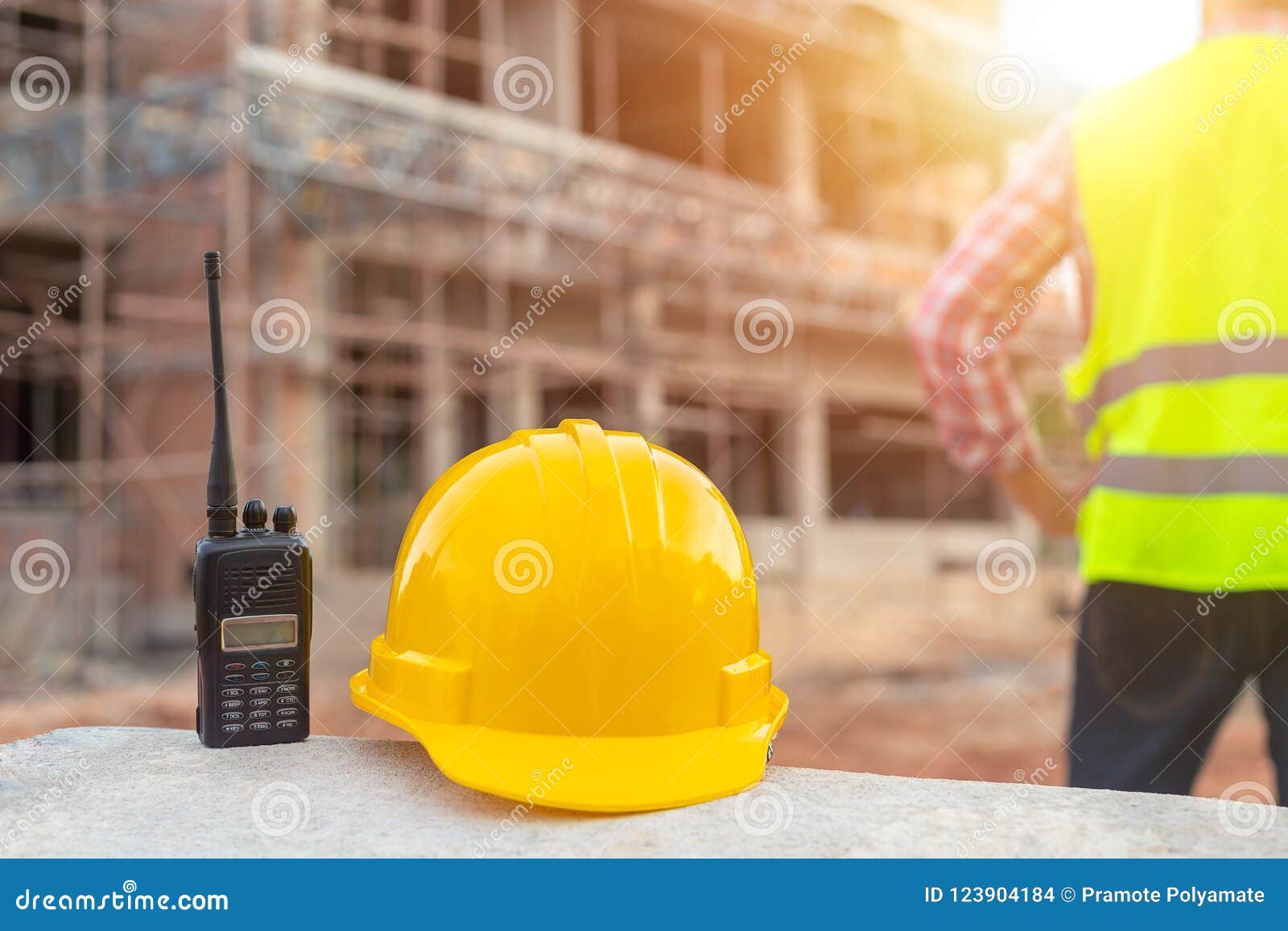 Radio and Helmet in Construction Site and Construction Site Work Stock ...