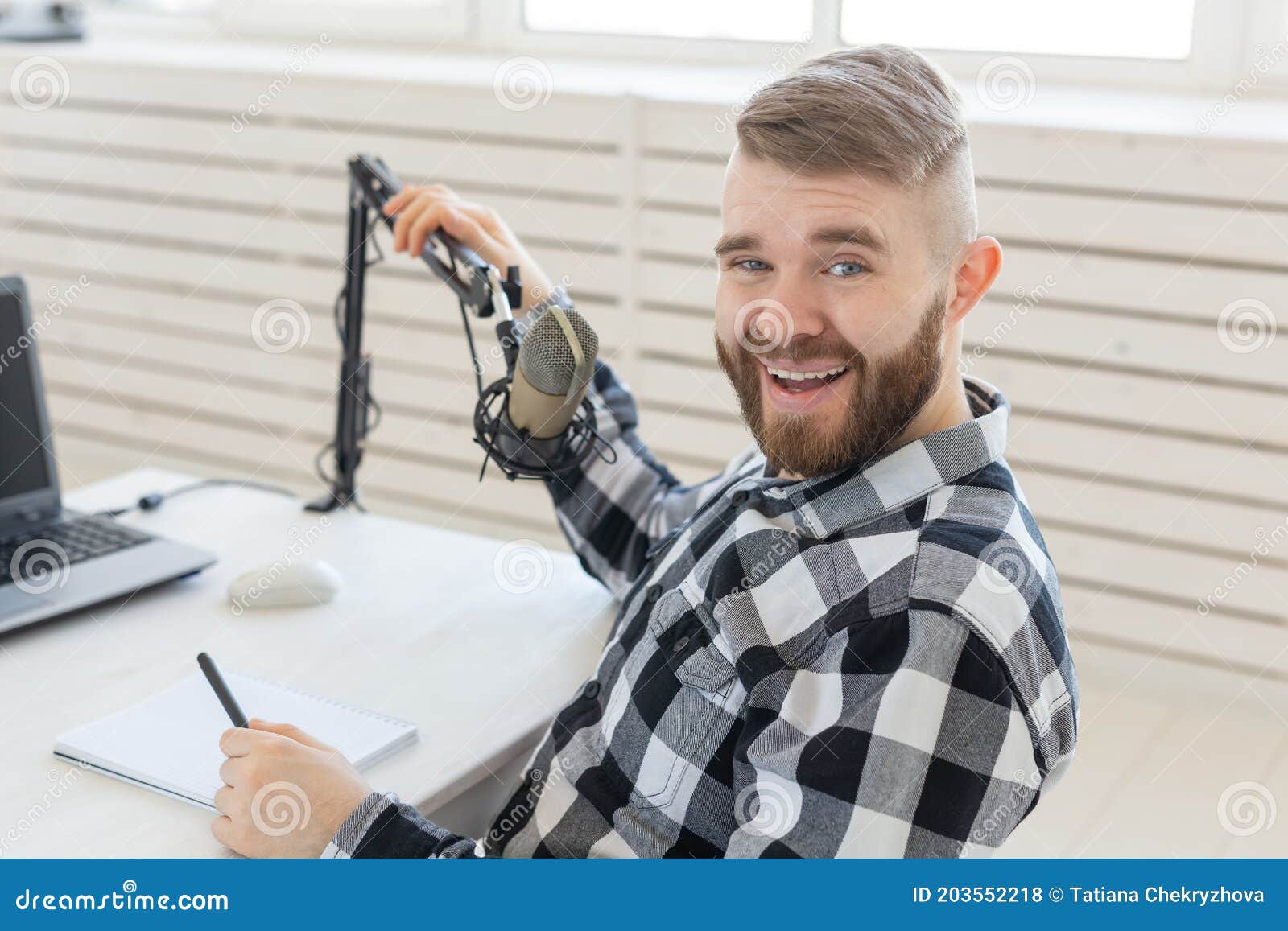 Radio Host Concept - Portrait of Funny Handsome Bearded Man Sitting in ...