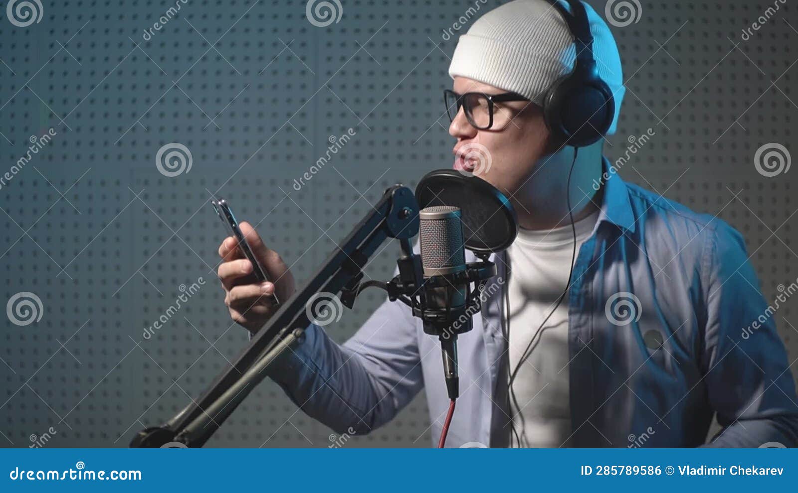 Radio Host Speaks into Microphone in Studio Stock Footage - Video of ...