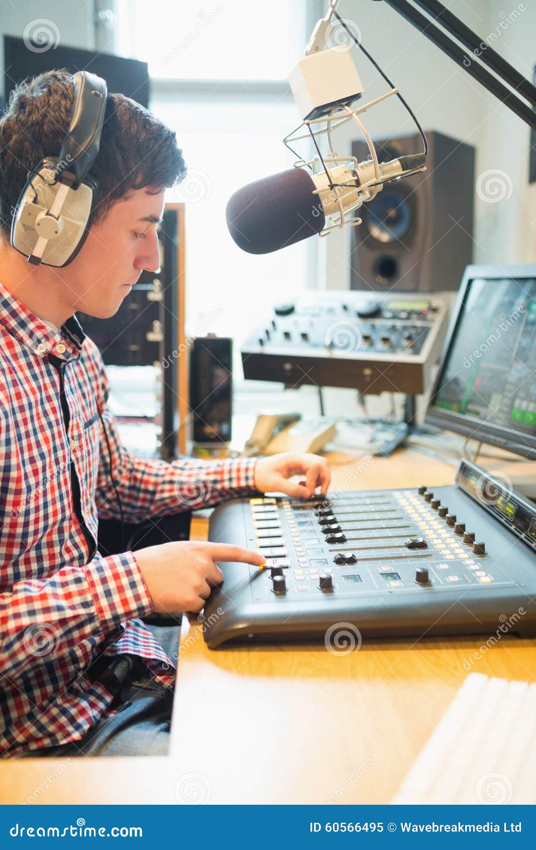 Radio Host Wearing Headphones Operating Sound Mixer Stock Image - Image ...