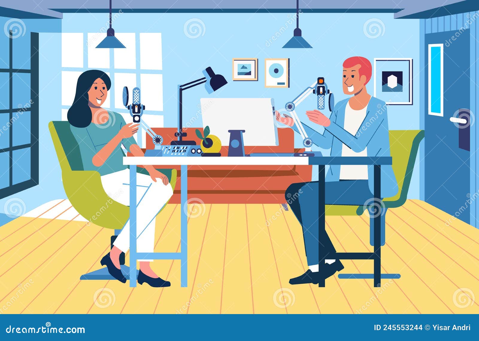 Radio Interview between Announcers and Sources in the Studio, Modern ...