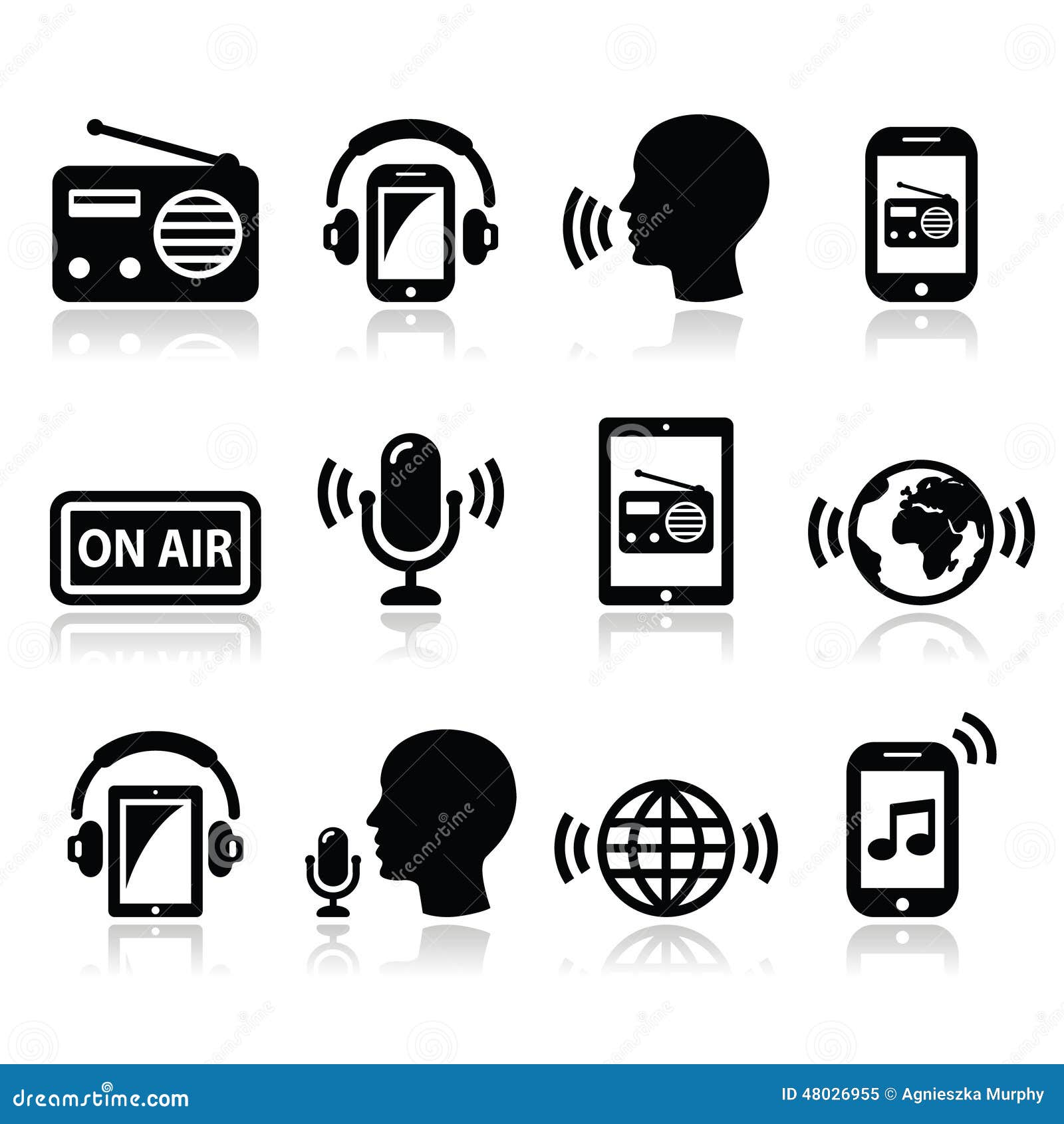 Radio, Podcast App on Smartphone and Tablet Icons Set Stock ...