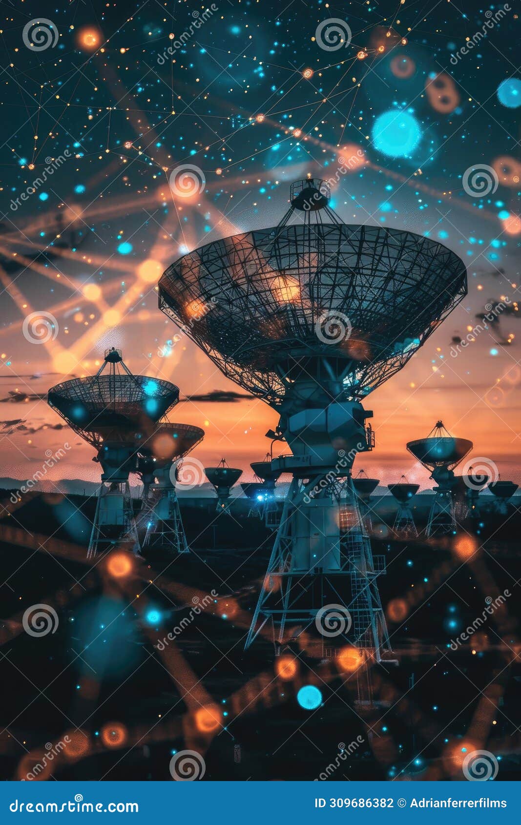 Radio Telescope Array with a Digital Network Overlay in the Sky. Stock ...
