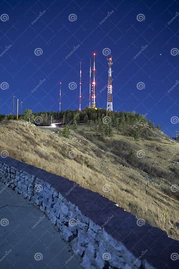Radio towers at night stock image. Image of mountain - 12076449