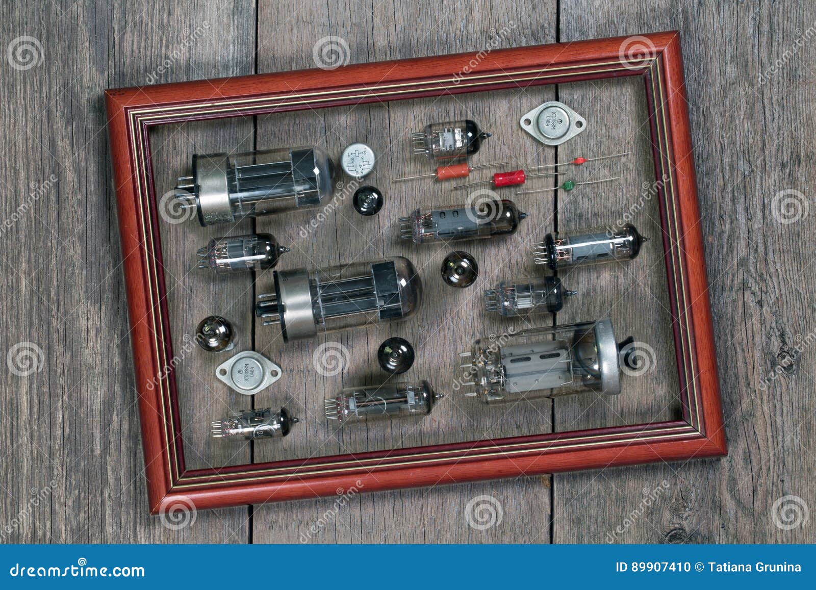 Radio Tubes And Electronic Components In A Frame On A Wooden Tab Stock ...