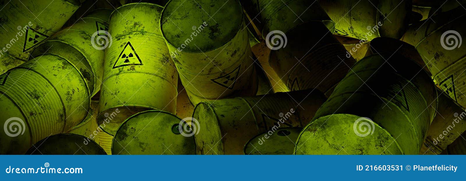 Radioactive Waste in Barrels, Pile of Nuclear Trash, Background Banner ...