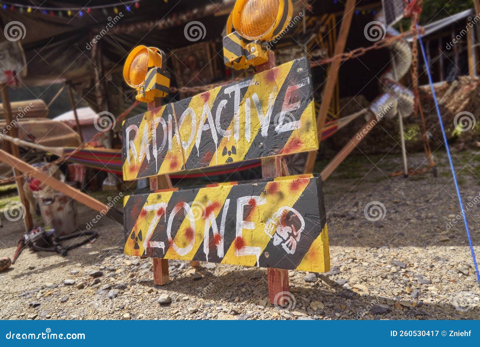 Radioactive Zone Warning Sign Outside a Tent Camp after the Destruction ...