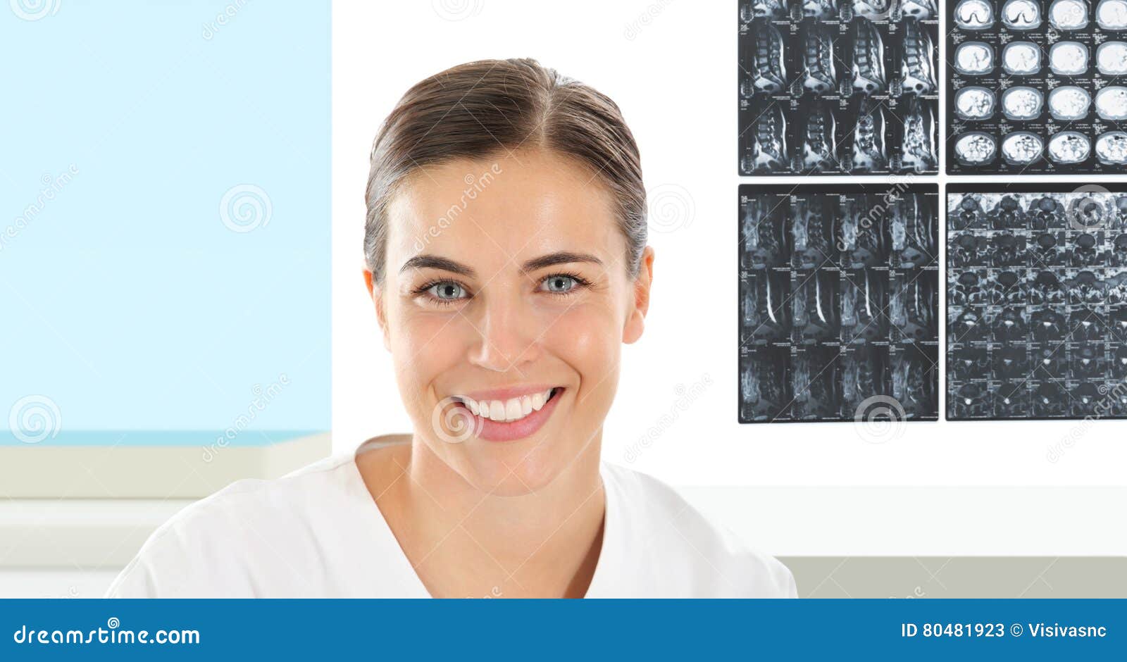 Radiologist Woman Smiling with Xray in Background Stock Image - Image ...