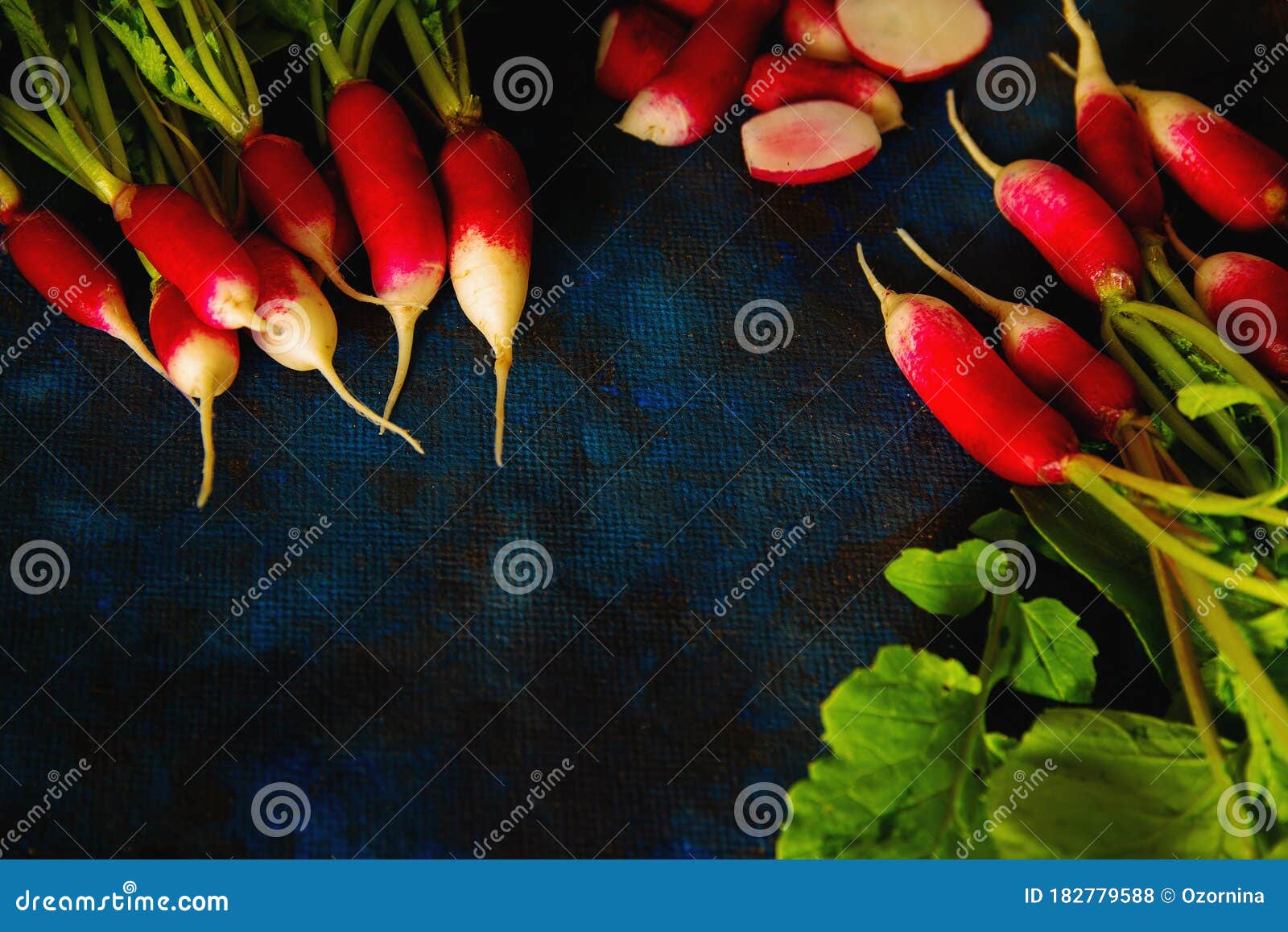 Radish on a Blue Background Laid Out in Groups Stock Photo - Image of ...