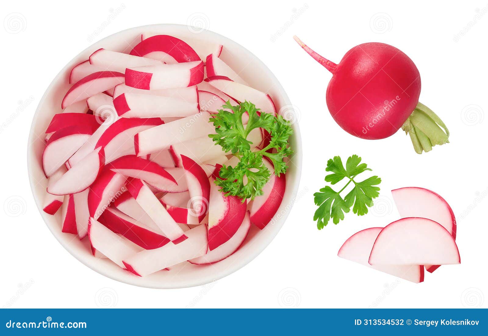 Radish Slices in Ceramic Bowl Isolated on White Background. Top View ...