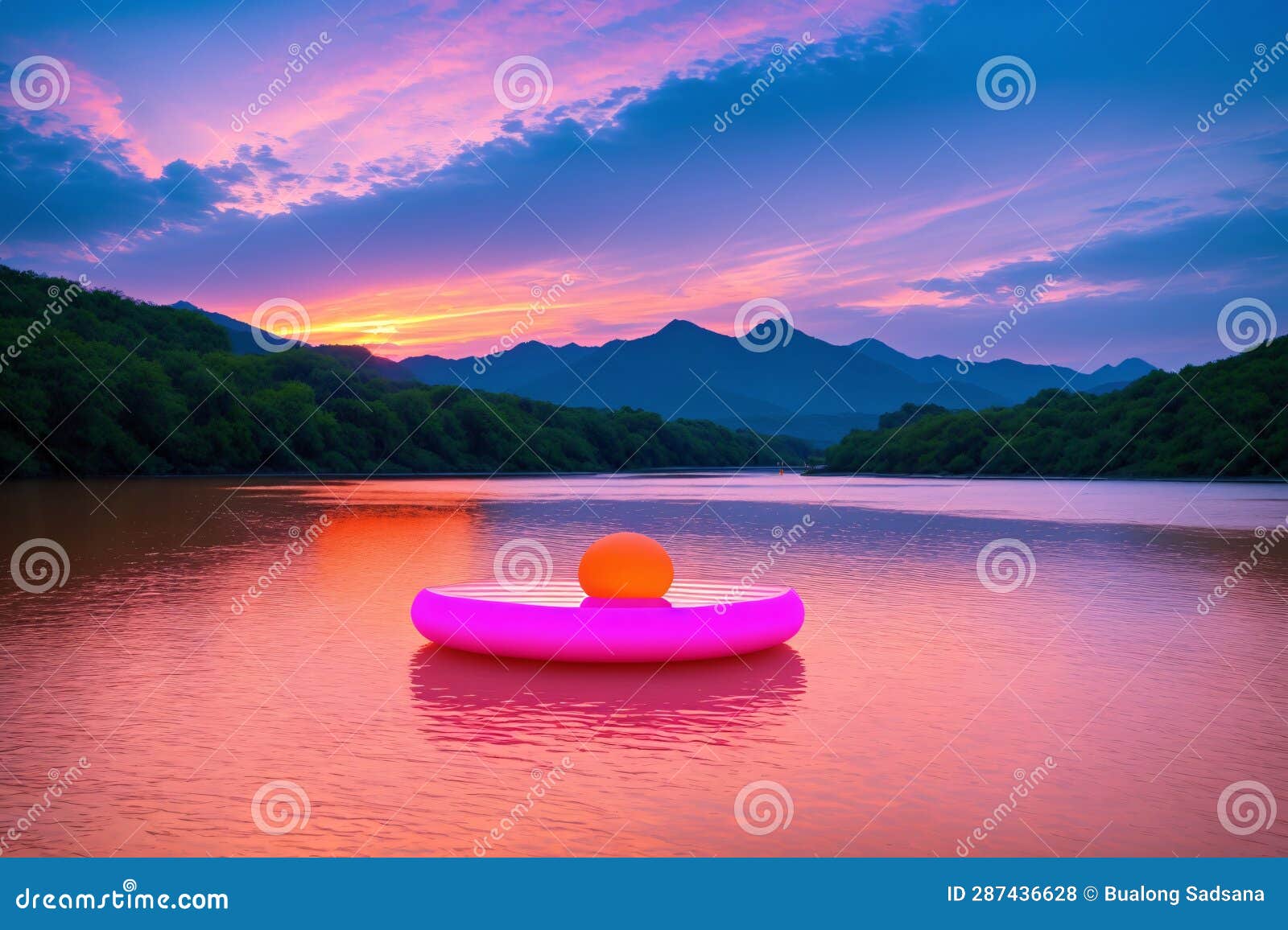 Raft Floating on the River after Sunset is Beautiful. Stock ...