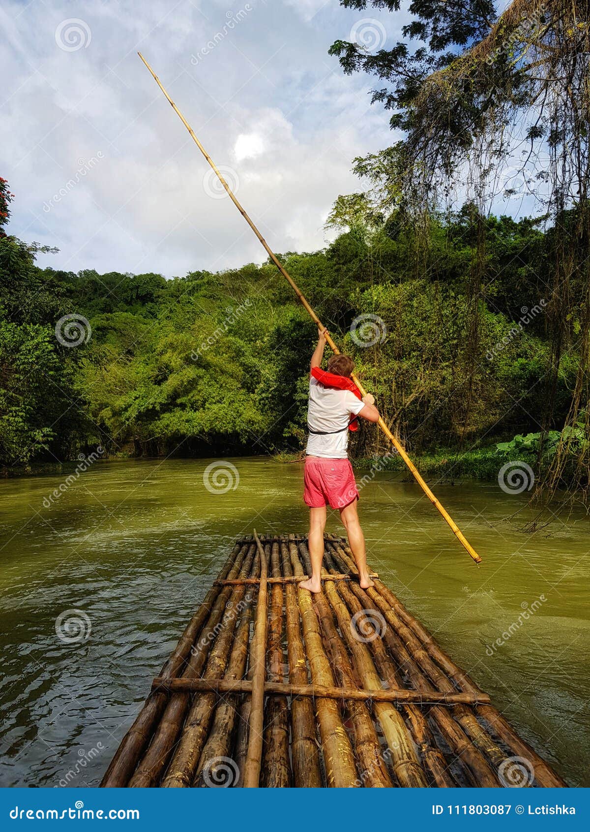 Raft on the River, Man and a Lot of Trees Stock Image - Image of rafts ...