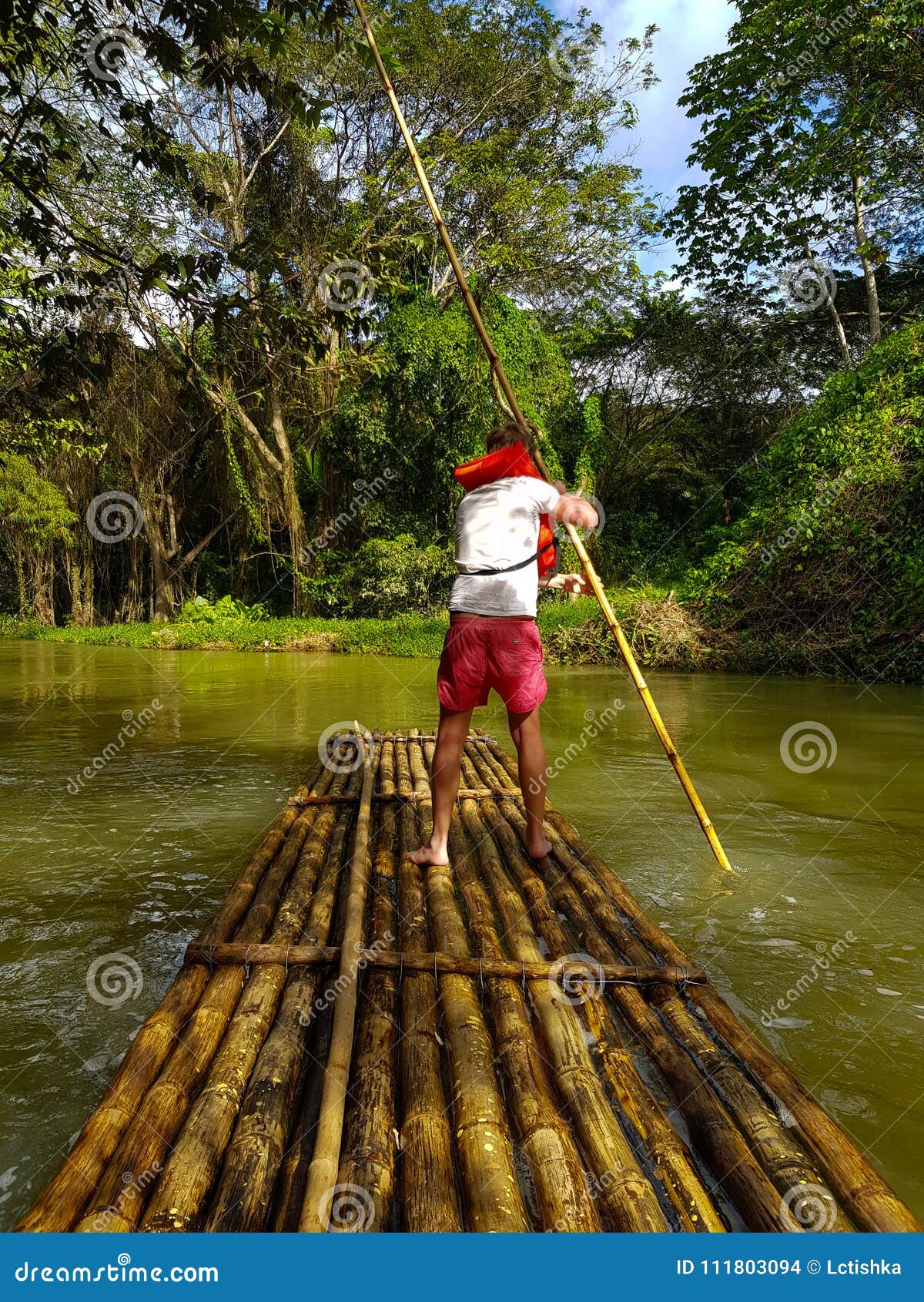Raft on the River, Man and a Lot of Trees Stock Photo - Image of ...