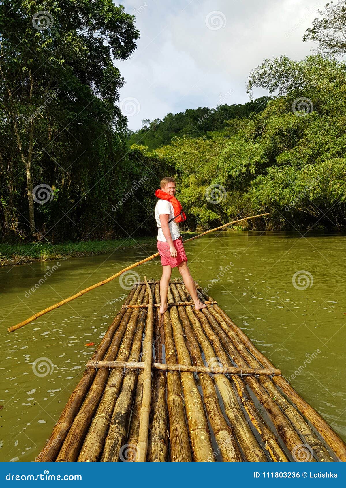Raft on the River, Man and a Lot of Trees Stock Photo - Image of ...