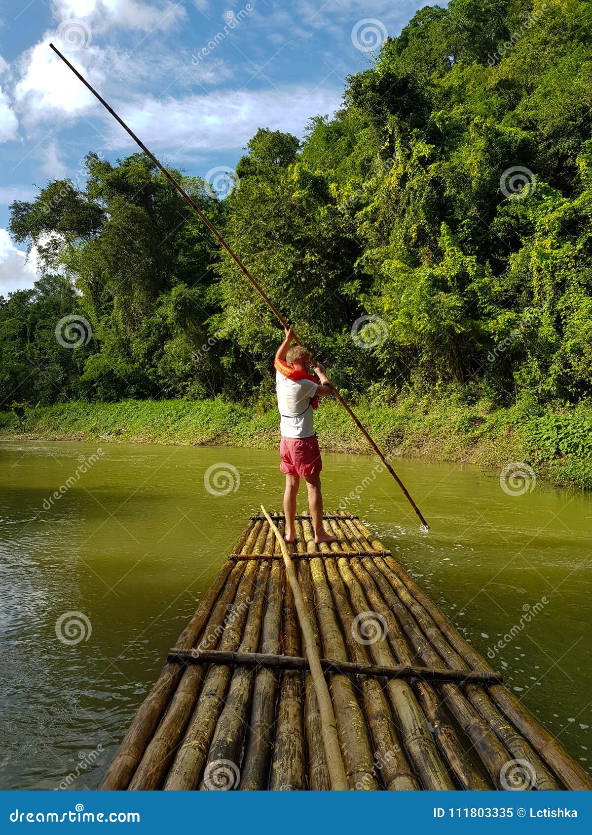 Raft on the River, Man and a Lot of Trees Stock Image - Image of rocks ...