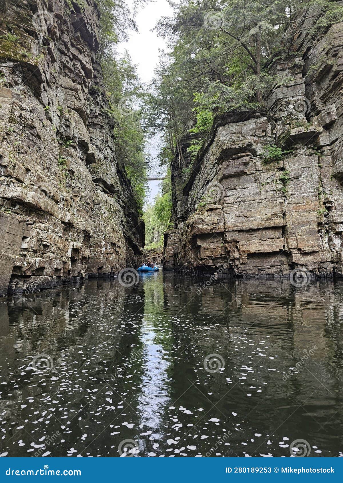 Rafting Boat between Cliffs in Ausable Chasm Canyon Mountain River in ...