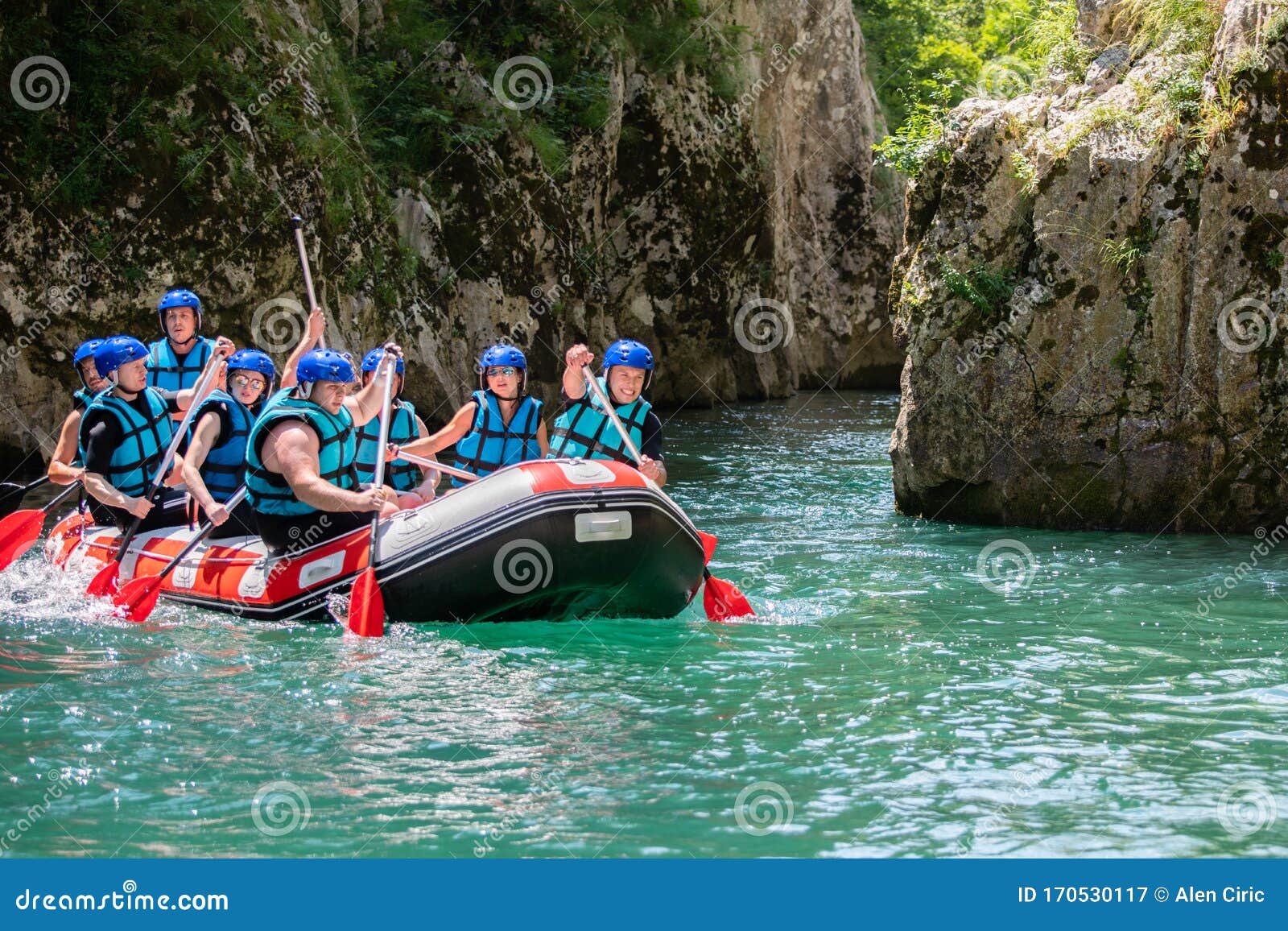 Rafting Team Goes Down the River on the Beautiful Sunny Day Stock Image ...
