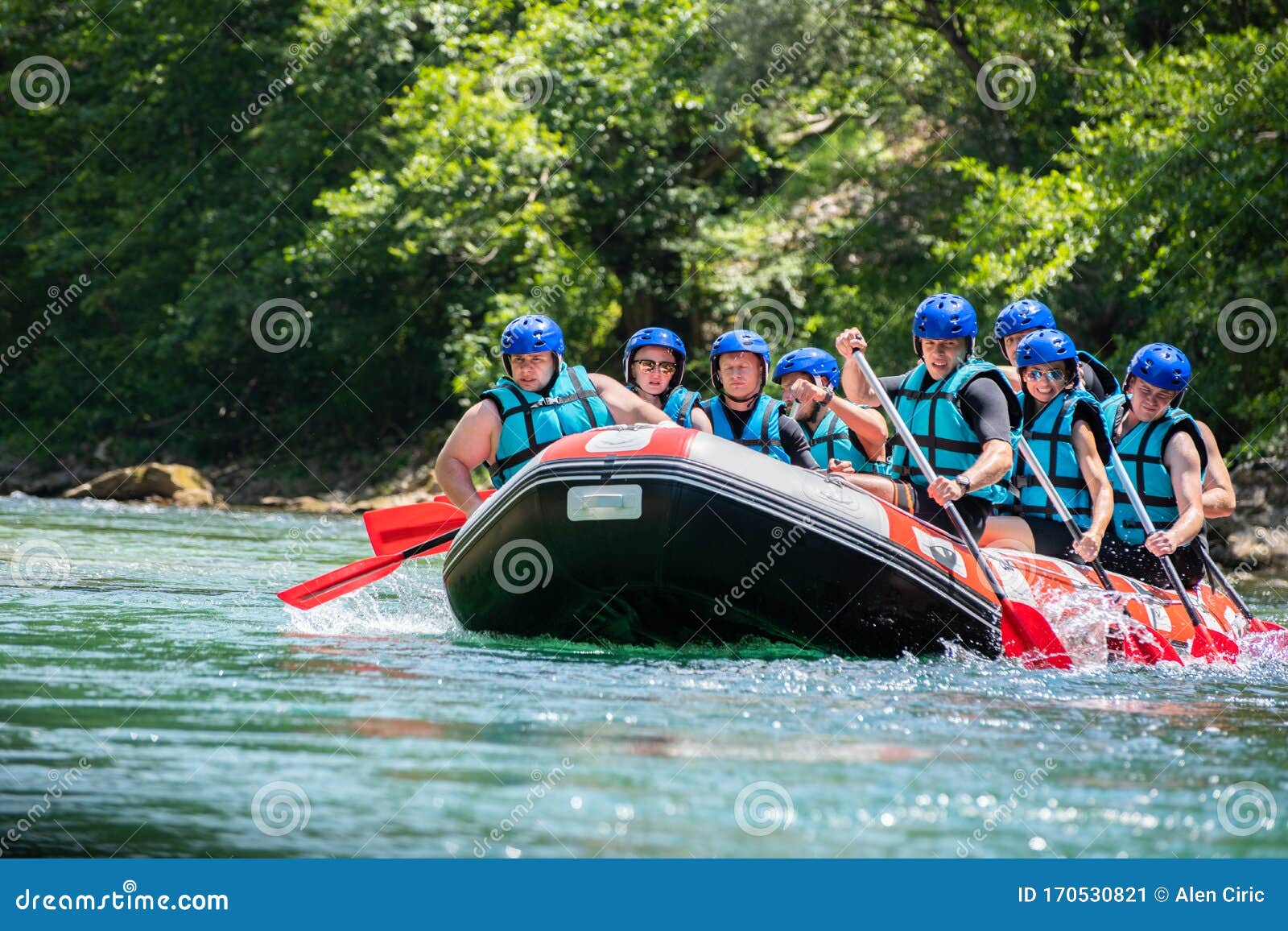 Rafting Team Goes Down the River on the Beautiful Sunny Day Stock Image ...