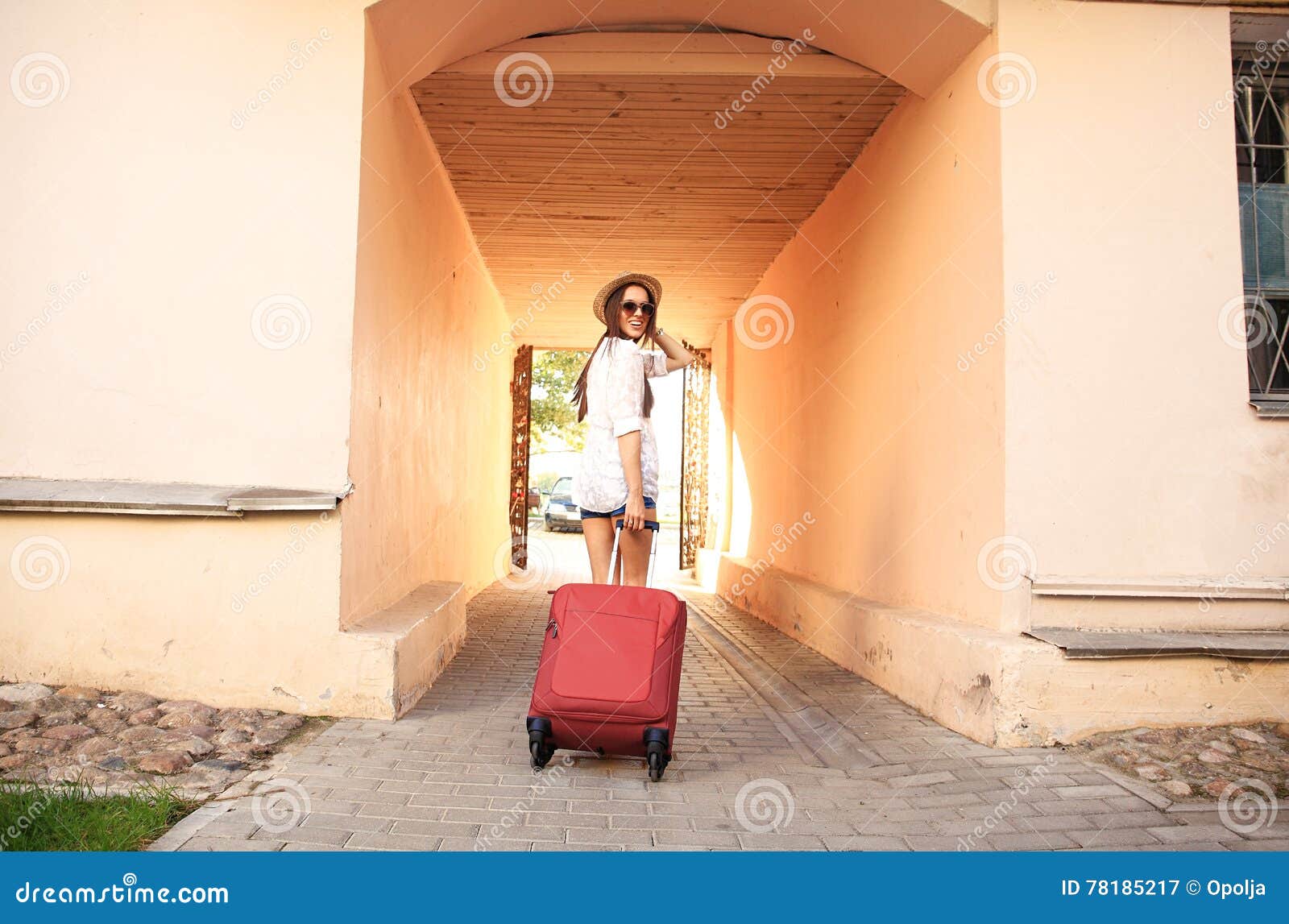 Ragazza con una valigia immagine stock. Immagine di espressione - 78185217